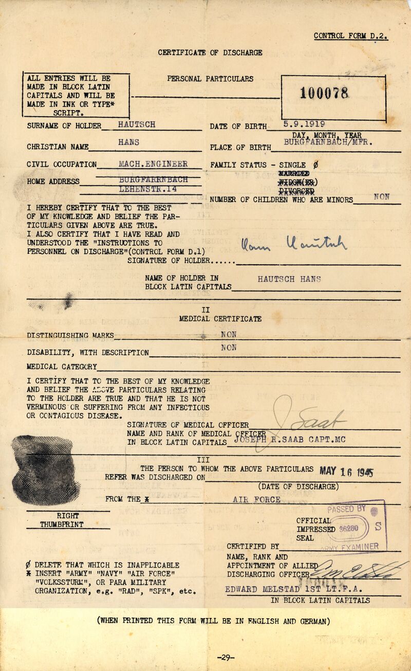 Datei:Entlassbescheinigung Hautsch Mai 1945 US Army fw.jpg – FürthWiki